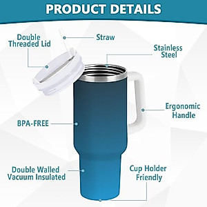 MCHIVER Blue Teal Gradient 40 oz Tumbler with Handle and Straw Stainless Steel Vacuum Water Bottle Leak-proof Travel Coffee Mug Insulated Cup for Car Home Office
