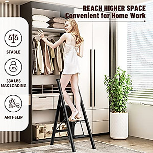 3 Step Ladder, Folding Step Stool with Wide Anti-Slip and Sturdy Pedal, Convenient Handgrip, Aluminum Lightweight Portable Step Stool for Adults Multi-Use for Home and Kitchen, Black, 330 lbs