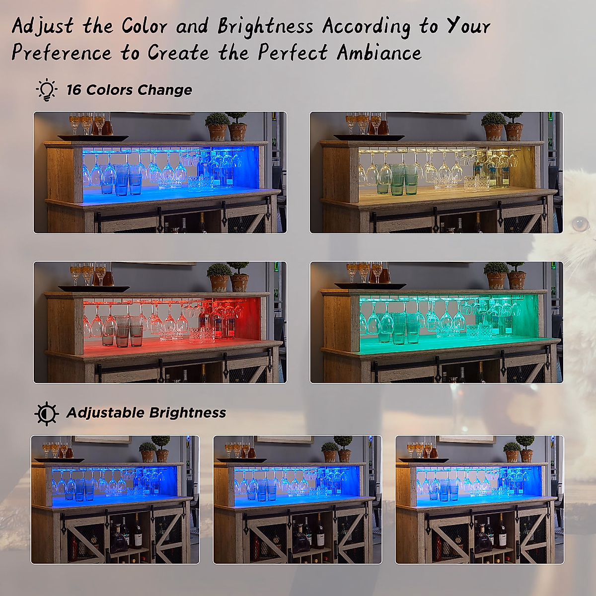 OKD Farmhouse Coffee Bar Cabinet with LED Lights, 55" Wine Bar w/Sliding Barn Door & Wine and Glass Rack, Kitchen Buffet Cabinet w/Storage Shelves for Dining Room,Light Rustic Oak