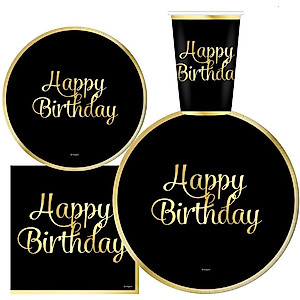 30 Guest Black and Gold Happy Birthday Gold Foil include Complete Party Pack 9" Dinner Paper Plates 7" Dessert Paper Plates 12 oz Cups 3 Ply Napkins Party Supplies