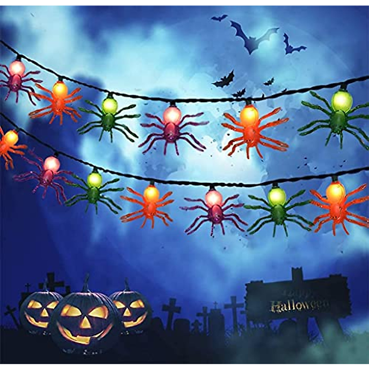SUNSGNE Halloween Spider String Lights, 8.5Ft Halloween String Lights with 10 Spider Lights, Plug in Hanging Halloween String Lights for Halloween Party, Curtain, House, Garden, Yard, Halloween Decor