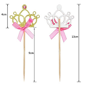 Morndew 24 PCS Gold Glitter Princess Crown Cupcake Toppers Tiara Cupcake Toppers with Pink Bows for Kids' Birthday Party Wedding Party Baby Shower Decorations