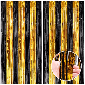 CANREVEL 2 Pack 3.3x8.2 Feet Black and Gold Foil Fringe Backdrop Curtains, Tinsel Streamers Birthday Party Decorations, Fringe Backdrop for Graduation, Baby Shower, Happy New Year, Disco Party