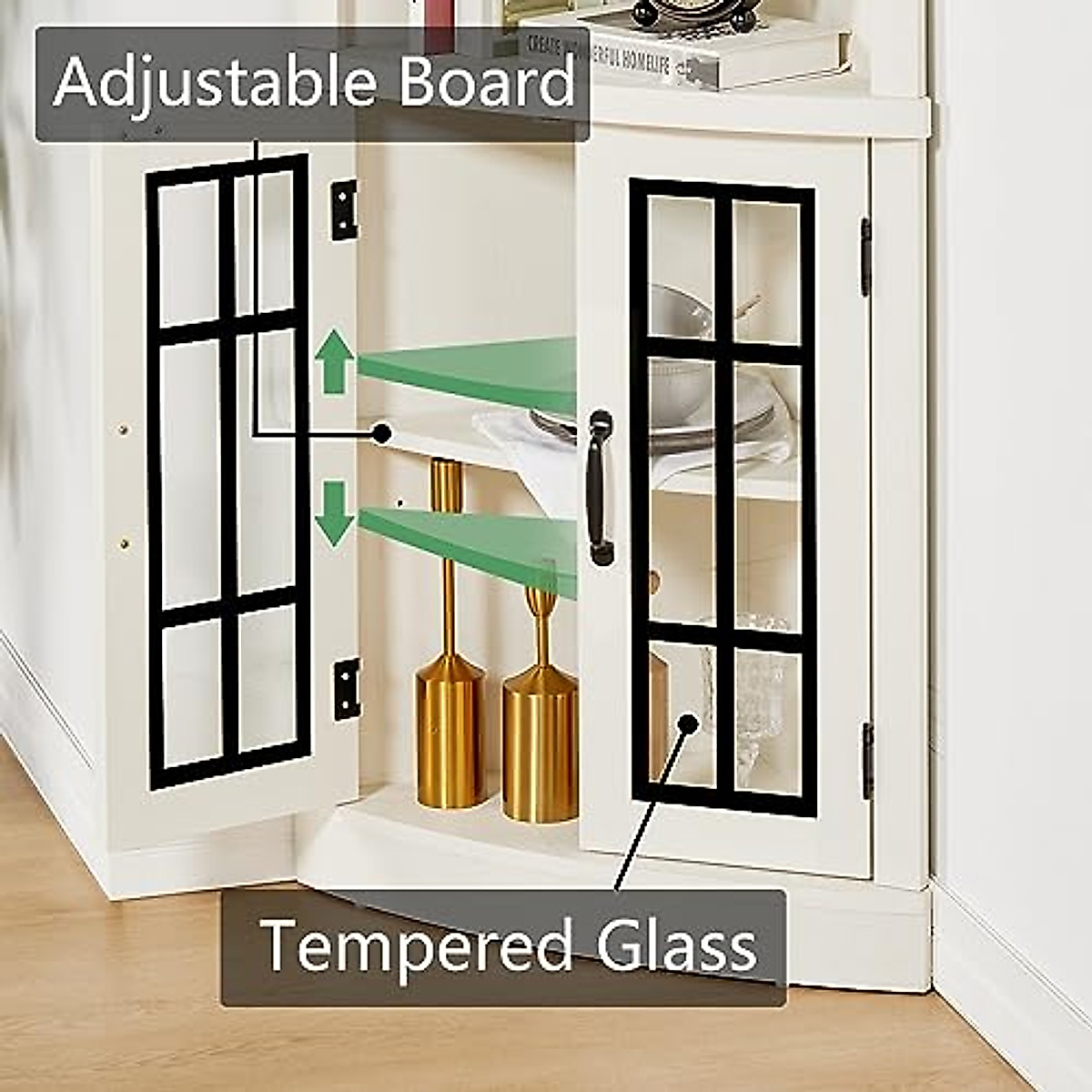 AMERLIFE Curved Corner Storage Cabinet, 65'' Tall Freestanding Bookcase with Glass Doors & Adjustable Shelves, 5-Tier Corner Display Cabinet for Living Room, Distressed White (CSC128B)