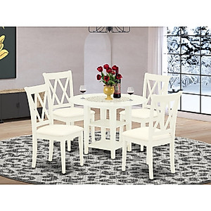 HomeStock Beachy Beauty 5Pc Dining Set includes A Round Dining Table with Drop Leaves and Four Double X Back Linen Seat Kitchen Chairs, Linen White Finish