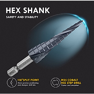 MACXCOIP Upgrade M35 Cobalt Step Drill Bit with Ultra TiAIN Coating, 1/8"-7/8" (3PCS) Unibit Step Bit with Double Sprial Flute, 1/4" Hex Shank for Metal, Stainless Steel, Aluminum, Copper, Wood