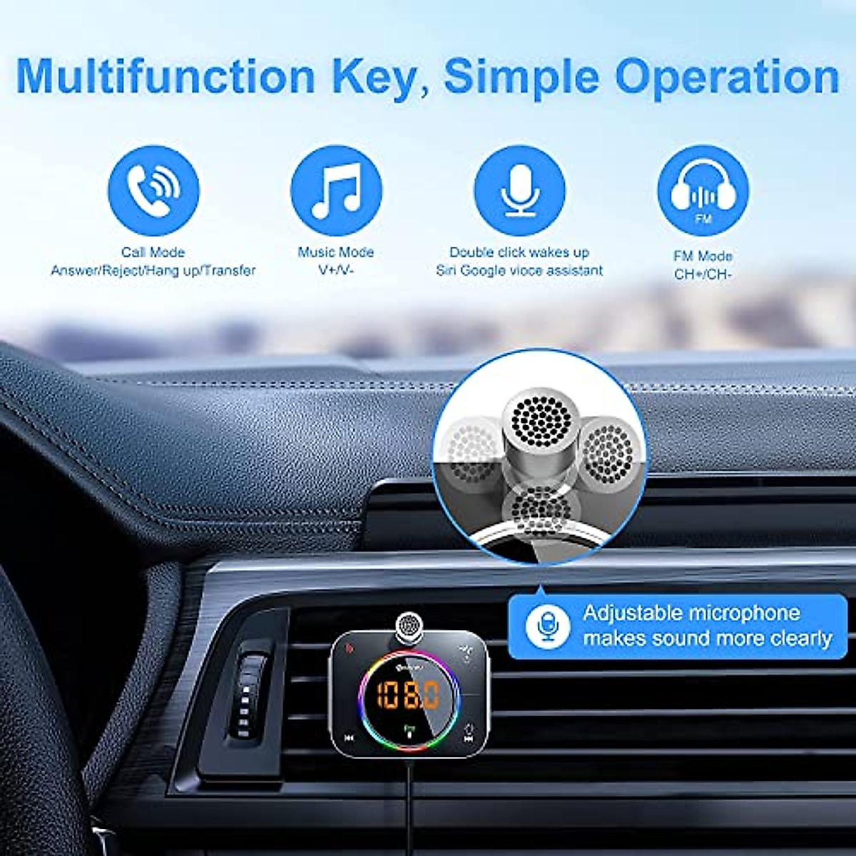 Bluetooth Car Adapter, SONRU QC3.0+PD Bluetooth FM Transmitter for Car Radio [Adjustable Microphone & Bass] [Air Vent Install] Hands-Free Call AUX Bluetooth Receiver for Car, SD Card Slot/Siri