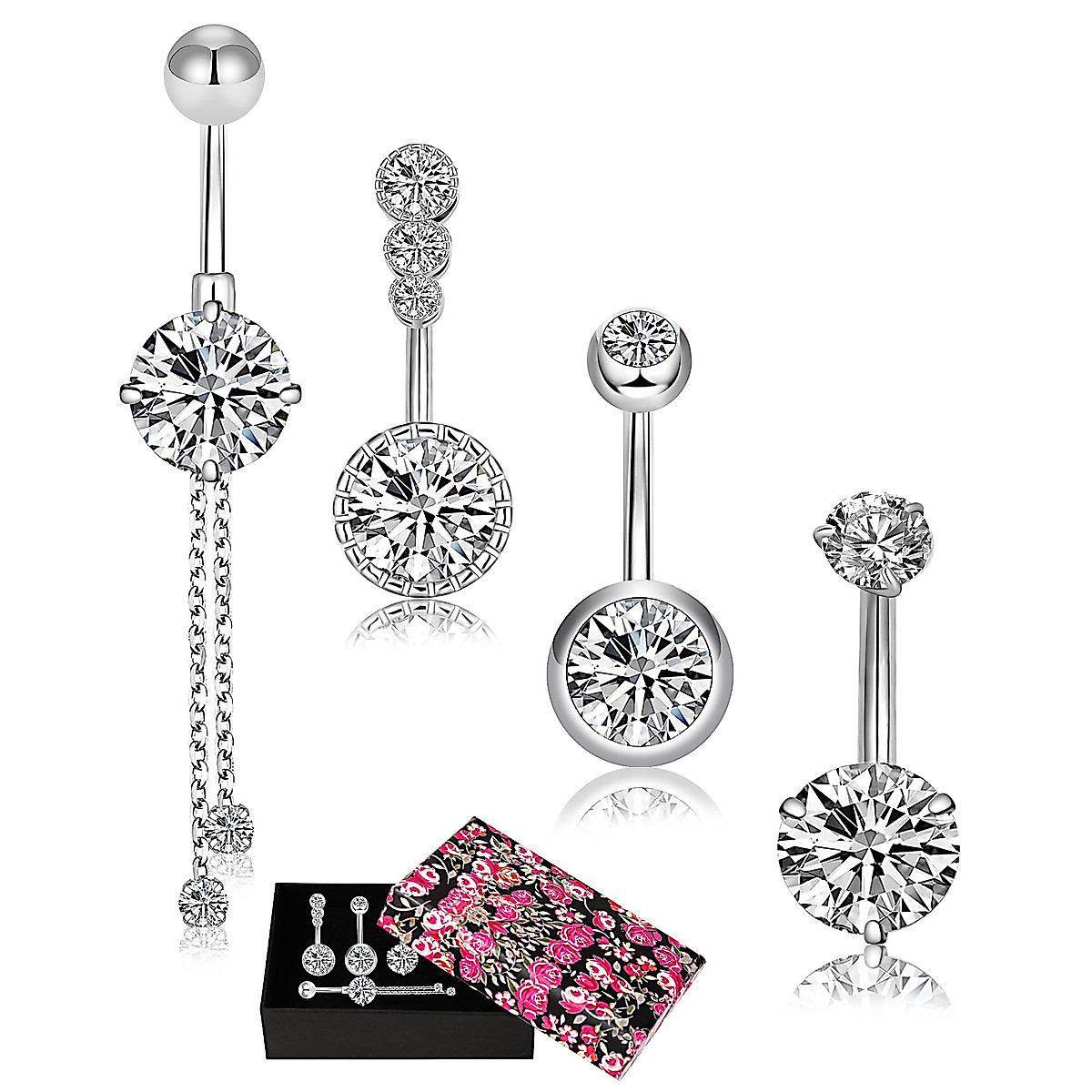 ONESING 4 Pcs 14G Belly Button Rings Belly Rings for Women with Gift Box Stainless Steel Navel Rings Belly Piercings Jewelry Belly Button Jewelry for Women Valentine's gift