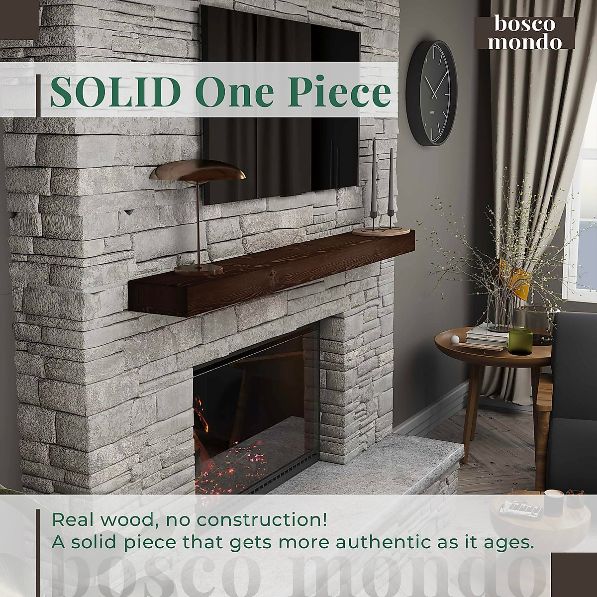 BoscoMondo Solid Wood Fireplace Mantel Shelf, Floating Mantle for Living Room, Farmhouse Rustic Wood Mantel, 60" Long- 7INCH Deep, 3INCH Thick, Easy Wall Mount with Heavy-Duty Metal Bracket