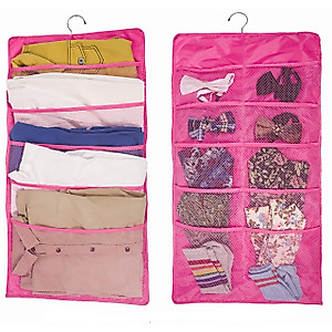 Amelitory Dual Side Clothing Hanging Shelves 15 Mesh Pockets Closet Storage Organizer with Metal Hanger Rosy