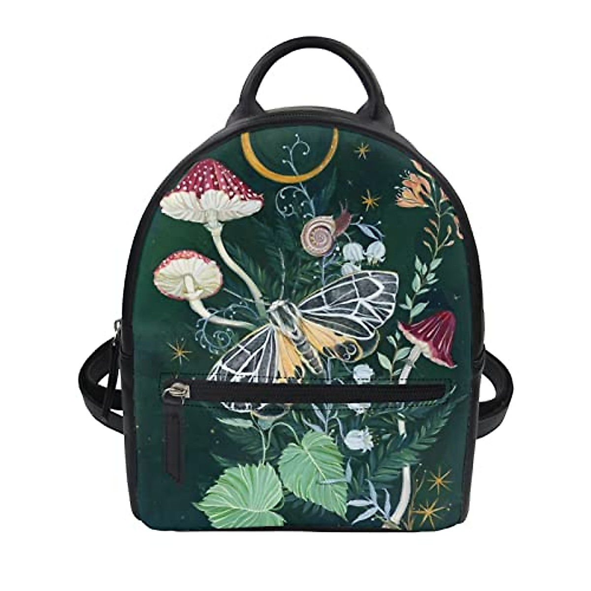 Showudesigns Butterfly Mushroom Backpack Purse Women Girls Mini Backpacks PU Leather Zipper Closure Shoulder Bags Shoulder Bag Casual Daypack Moon Moth Green