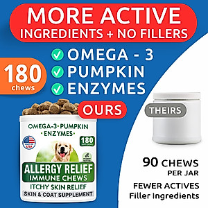 BARK&SPARK Dog Allergy Relief Chews (180 Ct) - Anti-Itch Skin & Coat Supplement - Omega 3 Fish Oil - Itchy Skin Relief Treatment Pills - Itching&Paw Licking - Dry Skin&Hot Spots -Peanut Immune Treats