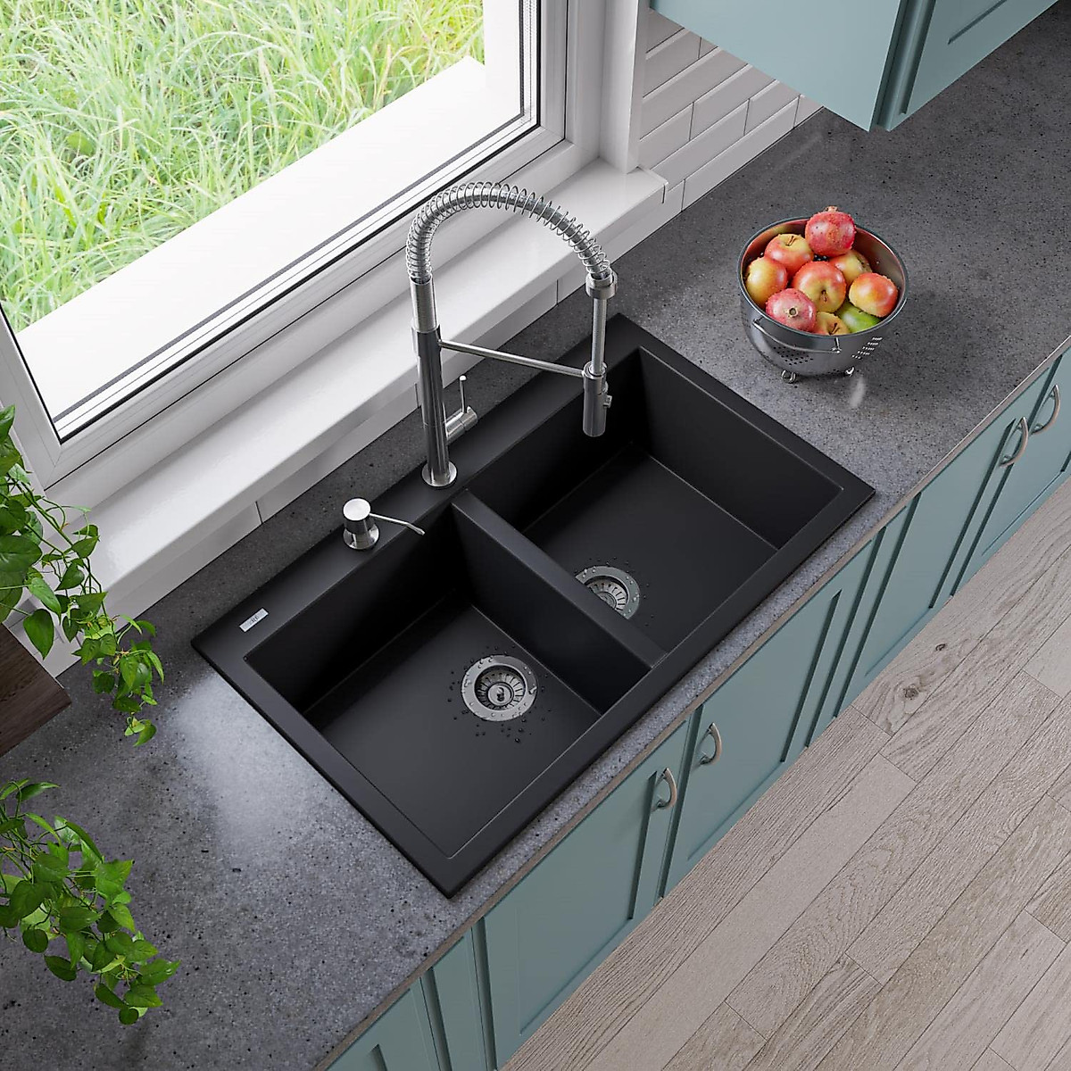 ALFI brand AB3420DI-BLA Drop-In Double Bowl Granite Composite Kitchen Sink, 34", Black