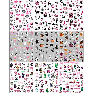 JMEOWIO 9 Sheets Pink Halloween Nail Art Stickers Decals Self-Adhesive Pegatinas Uñas Cute Skull Ghost Witchy Spider Web Bat Candy Pumpkin Nail Supplies Nail Art Design Decoration Accessories