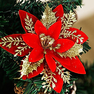 Veryhome 24pcs Poinsettia Christmas Decorations, 5.5 Inch Artificial Poinsettia Flowers Heads, Red Glitter Ornaments for Christmas Tree Decorations (Red)