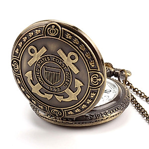 Akopiuto Coast Guard Pocket Watch with Necklace Chain Clock Bronze Quartz Pendant Watches