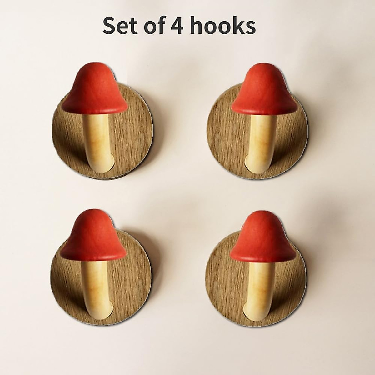 Auntzyj Fun Wooden Mushroom Coat Hook, Non-Perforated Solid Wood Hook, Kitchen Bathroom Cloakroom Door Hook (Red,4 pcs)