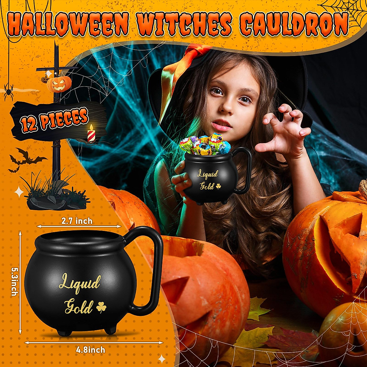 Uiifan 12 Pcs 15 oz Halloween Cauldron Plastic Witches Brew Cauldron Pot Halloween Cauldron Candy Bowl for Halloween Party Decorations (Clover Style)
