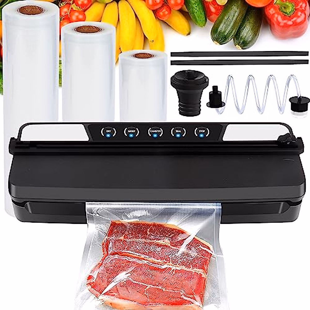 Food Vacuum Sealer 8 PCS Food Vacuum Sealer Machine 8 in 1 Automatic Vacuum Sealer with Cutter&Dry&Moist Vacuum and Seal and 3 Rolls Bags Starter Kits for Home and Kitchen