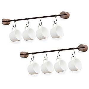 QsQueen Mug Holder Wall Mounted Coffee Cup Rack Hanger，Modern Metal and Solid Walnut with 8 Mug Hooks Rustic Utensil Tea Cups Storage Organizer for Kitchen Accessories Coffee Bar, Set of 2