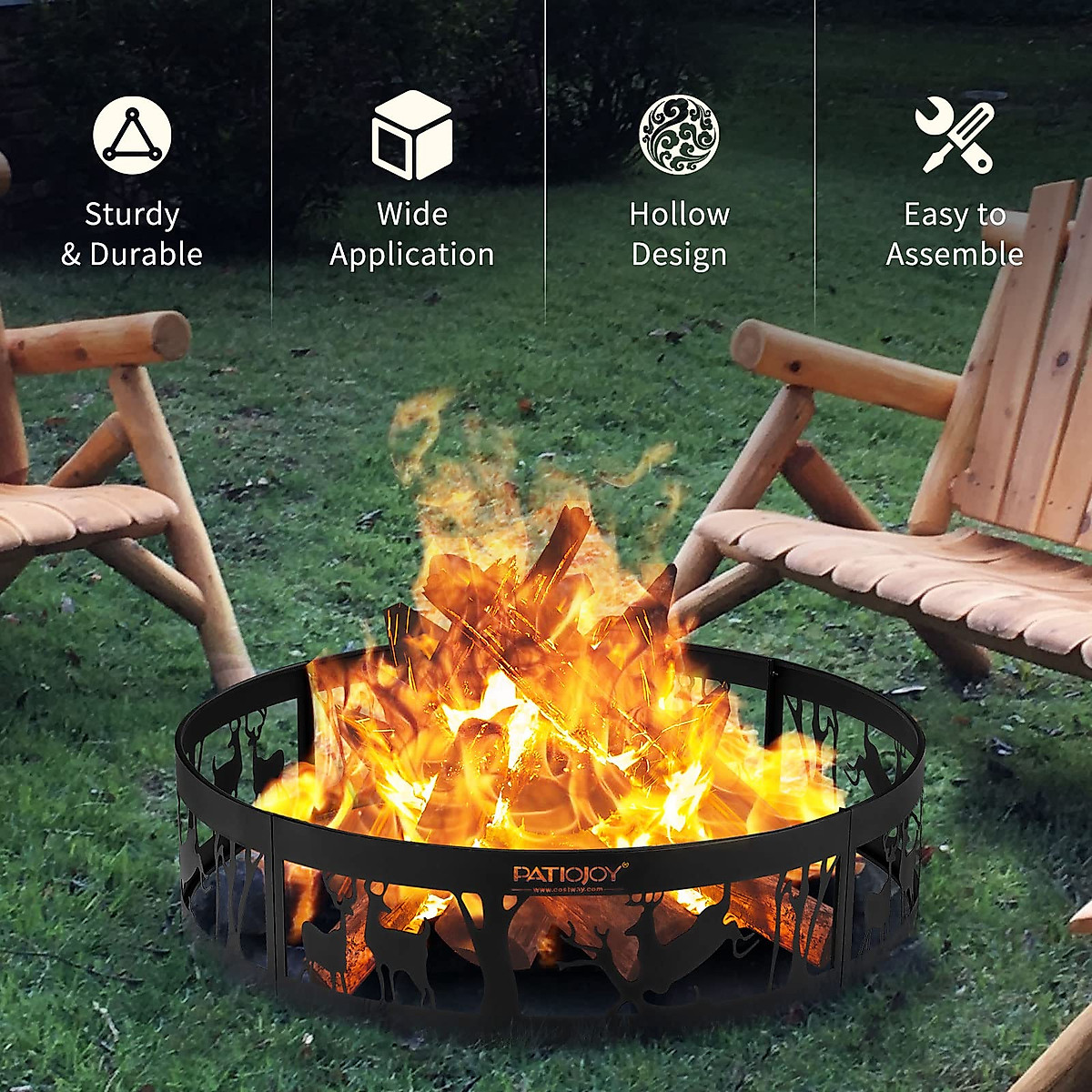 DORTALA 36’’ Metal Fire Pit Ring, Thick Metal Deer Fire Ring with Extra Poker,Wood Burning Campfire Ring with Pattern, Heavy Duty Round Bonfire Liner for Camping Beach Backyard