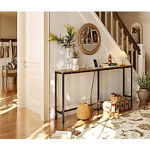 SUPERJARE 70 Inch Console Table with Outlet, Sofa Table with Charging Station, Narrow Entryway Table, Skinny Hallway Table, Behind Couch Table, for Living Room, Rustic Brown