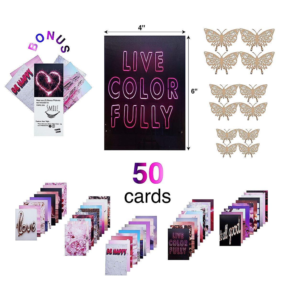 Elevation Art Photo Collage Kit for Wall Aesthetic, 55 Photos and 12 3D Butterfly Stickers. Peaceful Pink and Blue Room Decor for Teen Girl Room Decor and Dorm Rooms.