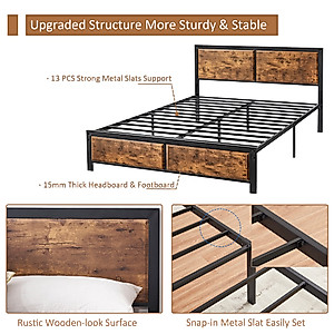 VECELO Queen Platform Bed Frame with Rustic Vintage Wood Headboard, Mattress Foundation, Strong Metal Slats Support, No Box Spring Needed ,Brown
