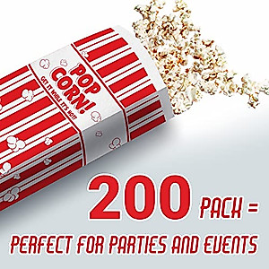 Popcorn Bags Coated for Leak/Tear Resistance. Single Serving 1oz Paper Sleeves in Nostalgic Red/White Design. Great Movie Theme Party Supplies or for Old Fashioned Carnivals & Fundraisers! (200)