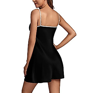 LYANER Women's Satin V Neck Spaghetti Strap Silk Slip Nightdress Chemise Nightgown Black Medium