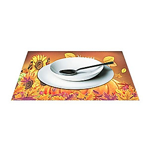 ZOEO Thanksgiving Placemats Set of 6 Pumpkin Sunflower Butterfly Fall Floral Leaves Dining Table Mats Non Slip Vinyl Placemat Kitchen Heat Resistant Washable