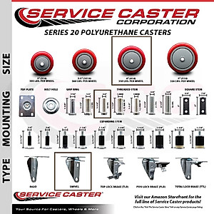 Polyurethane Swivel Threaded Stem Caster Set of 4 w/4" x 1.25" Red Wheels and 3/8" Stems - Includes 2 with Total Locking Brake - 1400 lbs Total Capacity - Service Caster Brand