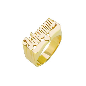 Lee107dZ Personalized Gold 9mm Medium Size Script Letter and Pave Cut Tail Name Ring (Yellow-Gold 10k, 7.5)