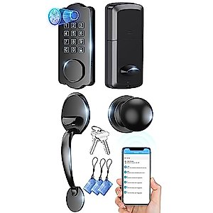 Front Door Lock Set, Keyless Entry Door Lock with Handle, APP Control Fingerprint Door Lock, 150 Codes Keyed Entry Smart Deadbolt, Auto Lock, Backlit