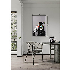 Modern Pop Art Decor - Framed - Thinking Monkey With Headphones Canvas Print Home Decor Wall Art, Gallery Wrap Inner Frame, 24x24