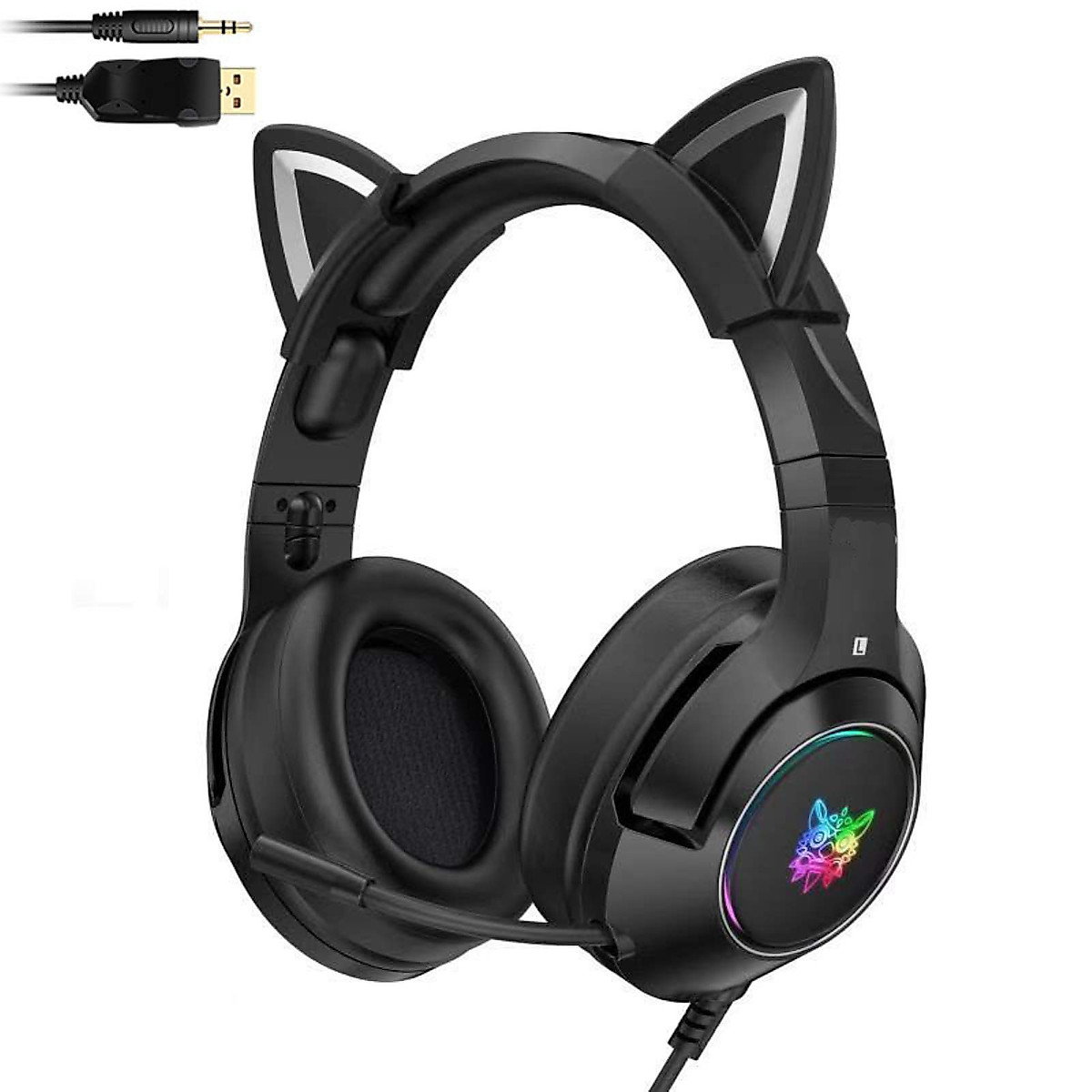 Stereo Gaming Headset with Mic,RGB Luminous Mobile Phone Computer Noise Reduction Headset,Detachable Cat Ear Gaming Headset, for PS4, PS5, Xbox One, PC, Phone