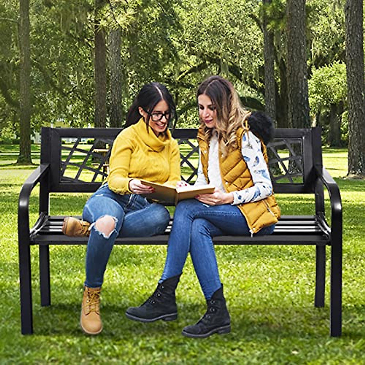 Tangkula Outdoor Garden Bench Park Bench with Steel Frame & PVC Backrest, Park Bench with Large Seat for 2-3 People, Patio Furniture Chair for Yard, Balcony, Porch & Poolside, Garden Welcome Bench