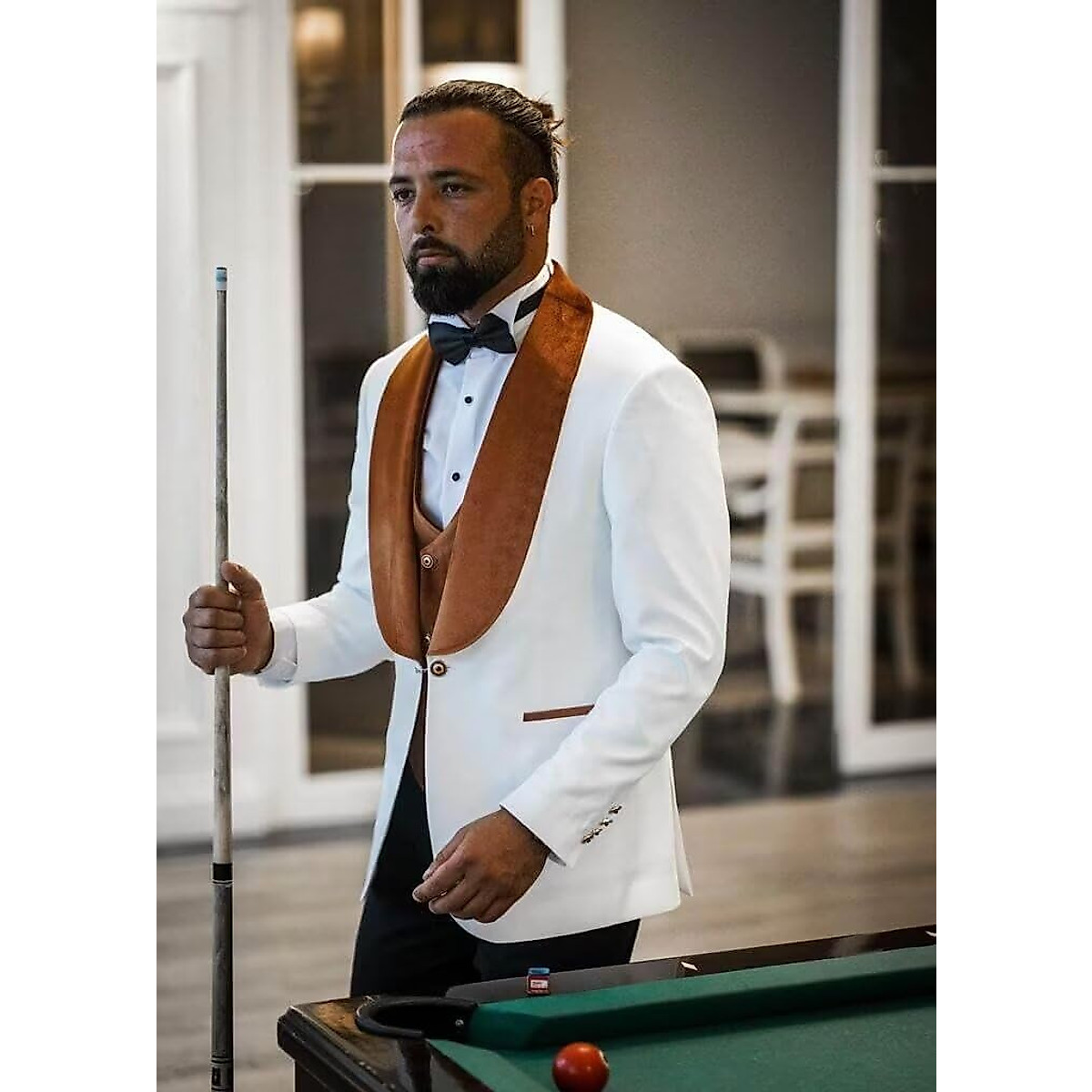 Wangyue Men's 3 Piece Suit Slim Fit Jacquard Tuxedo One Button Shawl Collar Velvet Suits Double Breasted Suits White-Dark Green Size 34