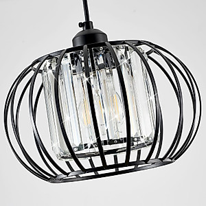 XSDeTu Black Pendant Light Fixture, Farmhouse Hanging Lights with Crystal, Adjustable Mini Kitchen Pendant Light, Modern Industrial Metal Wire Caged Hanging Pendant Lamp for Living Room, Bedroom