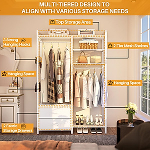 Clothes Rack for Hanging Clothes - Reversible Clothing Rack with 2 Drawers, Heavy Duty Garment Rack with Shelves, 6 Tiers Freestanding Portable Closet Wardrobe System with Hanging Hooks, White