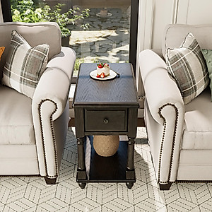 LEEMTORIG Narrow End Table with Drawer, Solid Wood 2 Tier End Side Table with Storage Shelves, Slim Nightstand for Small Spaces, Living Room, Bedroom, Easy Assembly, Rustic Black BBJ-004-BK