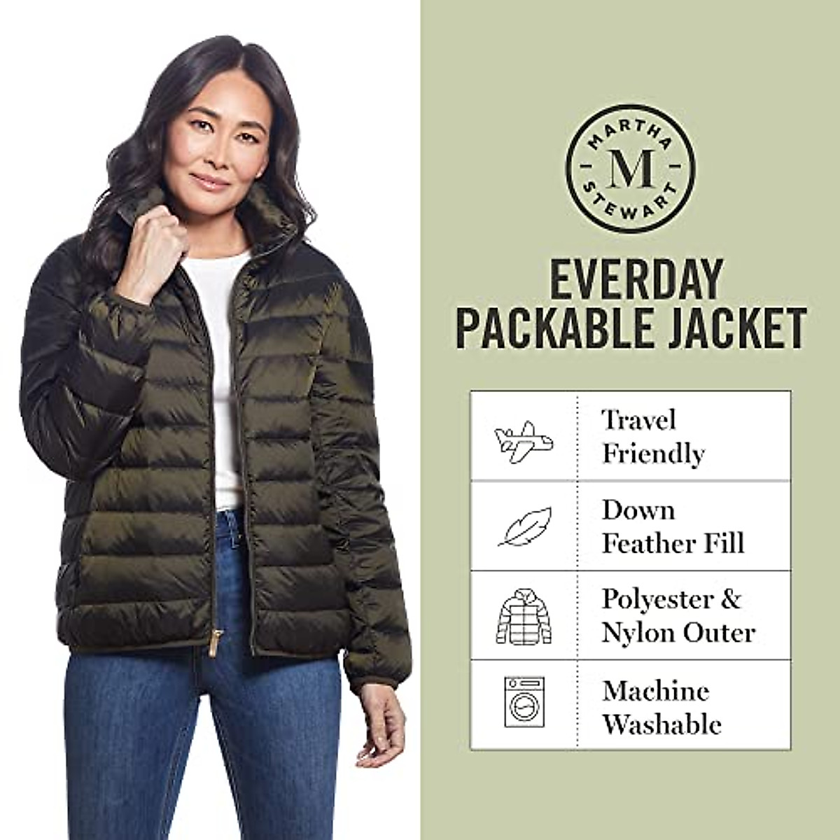 Martha Stewart Everyday Packable Jacket - Down Jacket with Hidden Pocket Zippers - Great for Daily Wear