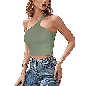 REORIA Summer Sexy Casual One Shoulder Double Lined Seamless Backless Sleeveless Cropped Tank Going Out Trendy Cute Crop Tops Dark Green Medium