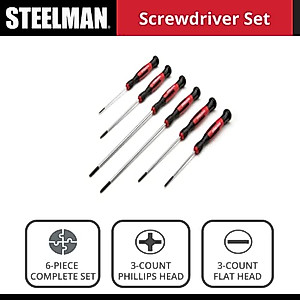 STEELMAN Precision Steel Shaft 6-Piece Long Electronics Screwdriver Set, Variety of Slotted/Phillips Sizes, Swivel-Head, Magnetic Tips