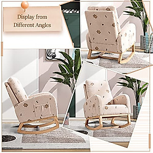 Cute Comfy Rocking Chair for Baby Nursery, Upholstered Rocker Chair with High Backrest and Side Pocket, Modern Armchair for Living Room, Glider Rocker with Solid Wood, Quiet Rocking Design, Beige