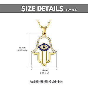 Hamsa Hand Pendant Necklace for Women, Real 14K Gold Evil Eye Pendant with Shiny Sapphire Lucky Protection Jewelry for Her, Wife, Mom, Girlfriend, 18"