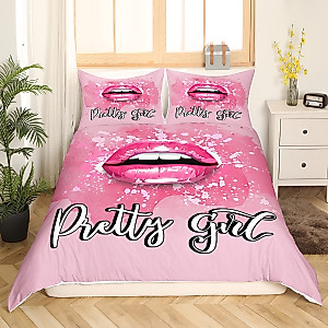 Erosebridal 3D Print Bed Sets Full Size,Pink Lip Duvet Cover for Kids Girls Women Teens,Sexy Theme Comforter Cover for Home Room Decor,Romantic Valentines Day Bedding Sets with 2 Pillow Covers