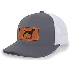 Heritage Pride Canine Collection Bluetick Coonhound Hunting Dog Mens Engraved Leather Patch Mesh Back Trucker Hat, Charcoal/White