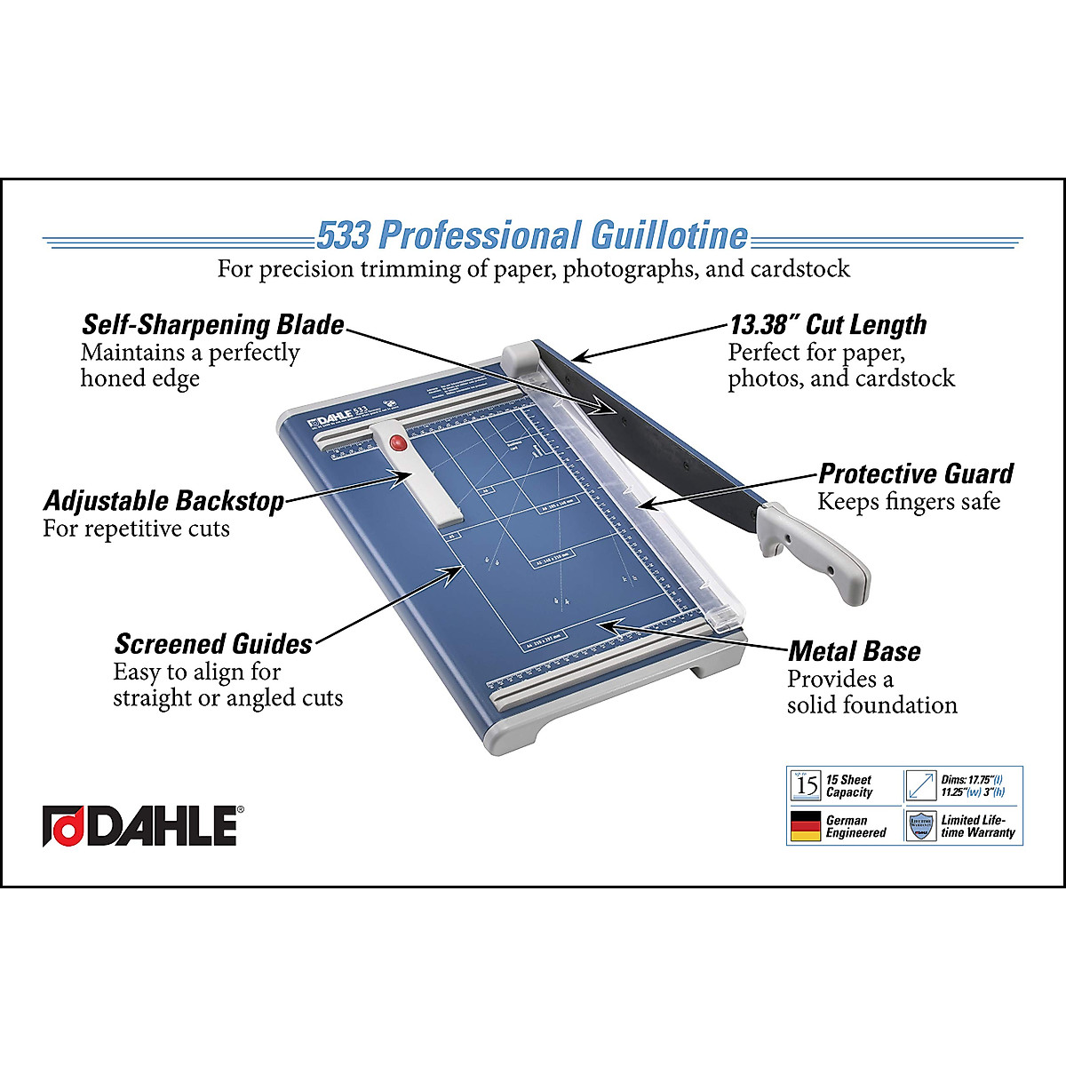 Dahle - 00533-21261 533 Professional Guillotine Trimmer, 13-3/8" Cut Length, 15 Sheet Capacity, Self-Sharpening, Manual Clamp, German Engineered Cutter