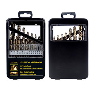 Powertough Titanium Drill Bit Set - 21-Piece M35 Co 5% High Speed Steel HSS for Steel Alloy and Other Hard Metals Fully Ground with 135°Split Point Drill Bits in Deluxe Metal Box E01014